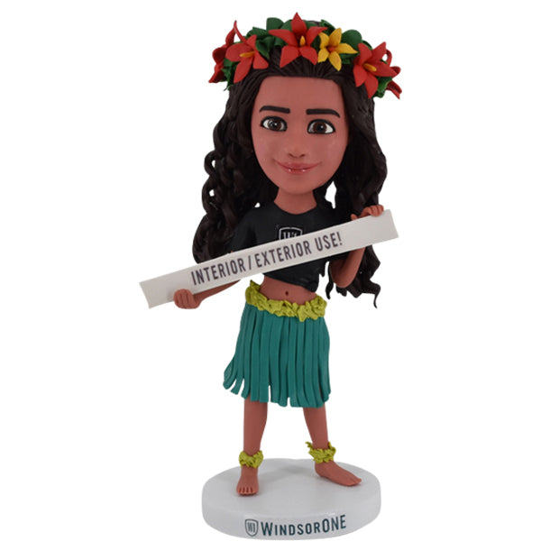 Hula Girl Bobblehead holding logo – Bobbleheadscustom.ca